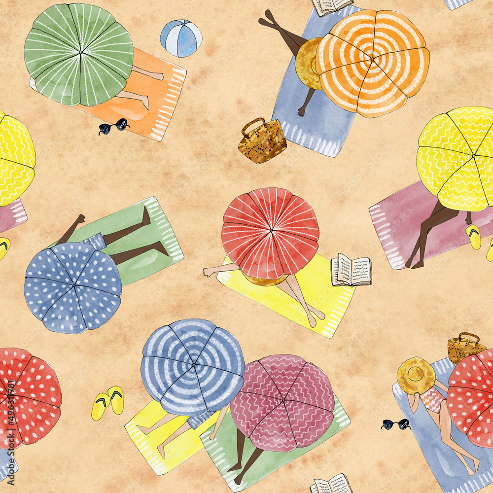 watercolor summer beach seamless pattern, surf digital paper, swimming ...