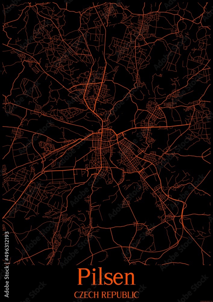 Black and orange halloween map of Pilsen Czech Republic.This map ...