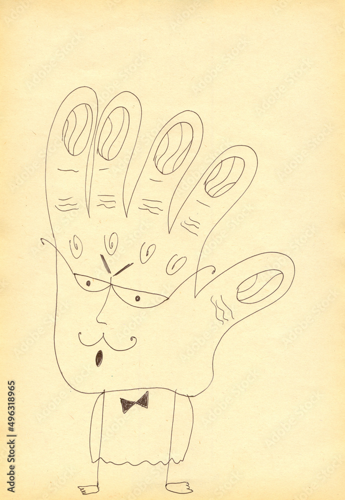 Funny cartoon character in the shape of a hand, gloves. An angry ...