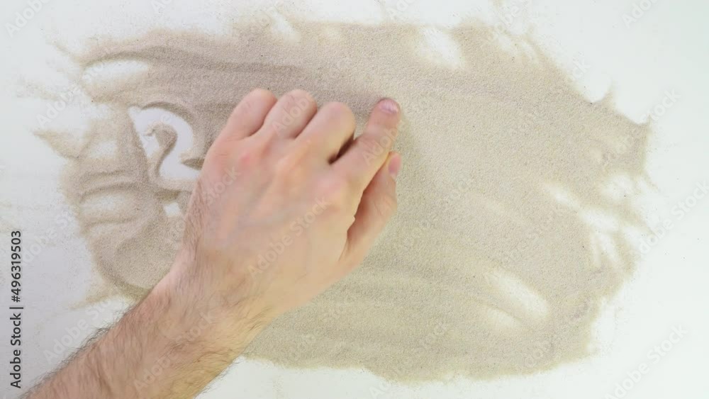 bye bye Top view draw on the sand. Caucasian hands write text in beige ...