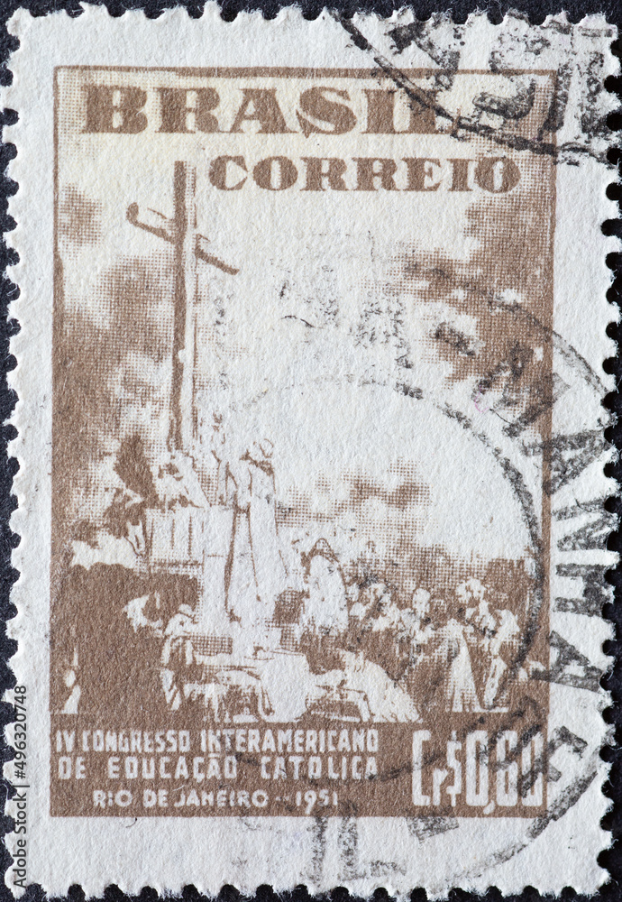 Brazil - circa 1951: a postage stamp from Brazil, showing a cross with ...