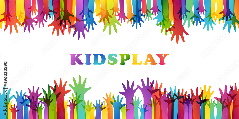 Colorful children hands up. Kids creative rainbow vector illustration ...