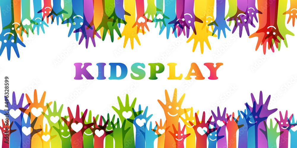 Colorful children hands up. Kids creative rainbow vector illustration ...