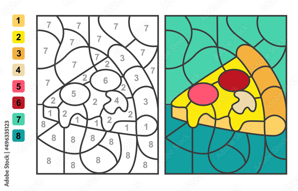 Color by numbers pizza slice. Puzzle game for children education ...