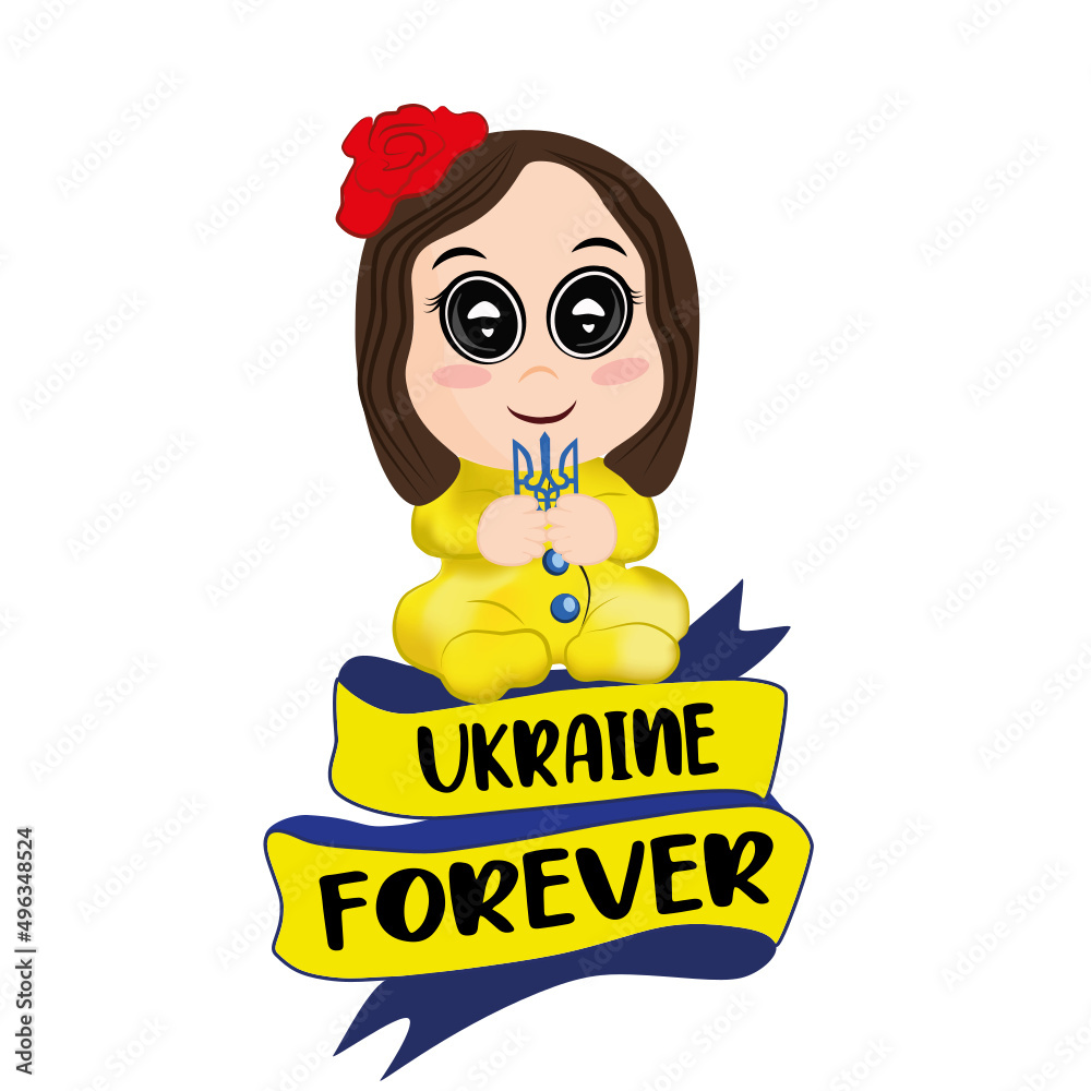 Ukraine forever illustration with little girl handle trident of Ukraine ...