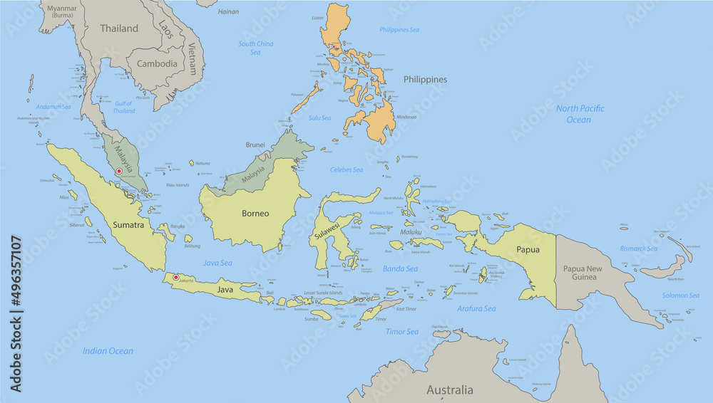 Indonesia, Malaysia, Philippines map and islands classic color ...