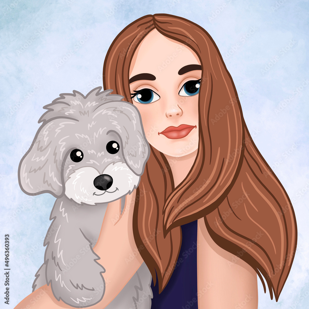 Girl holding Spitz dog. Hand drawn fashion illustration for your design ...