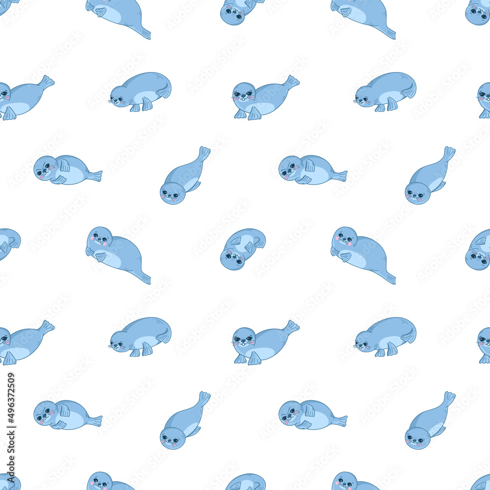 Vector pattern with cute sea seals, fur seals, funny sea animals in ...