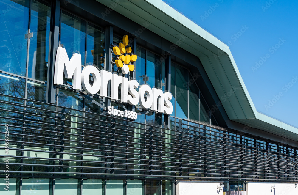 Morrisons signage logo on a modern supermarket, Leamington Spa, 19 ...