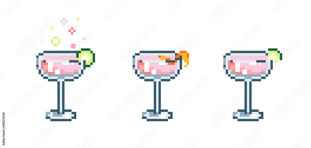 Set of Pixel art cosmopolitan cocktail. Retro 90s gaming 8 bit icon of ...