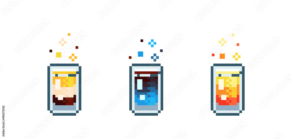 Set of Pixel art cocktail shots set. Retro 90s gaming 8 bit icon of ...