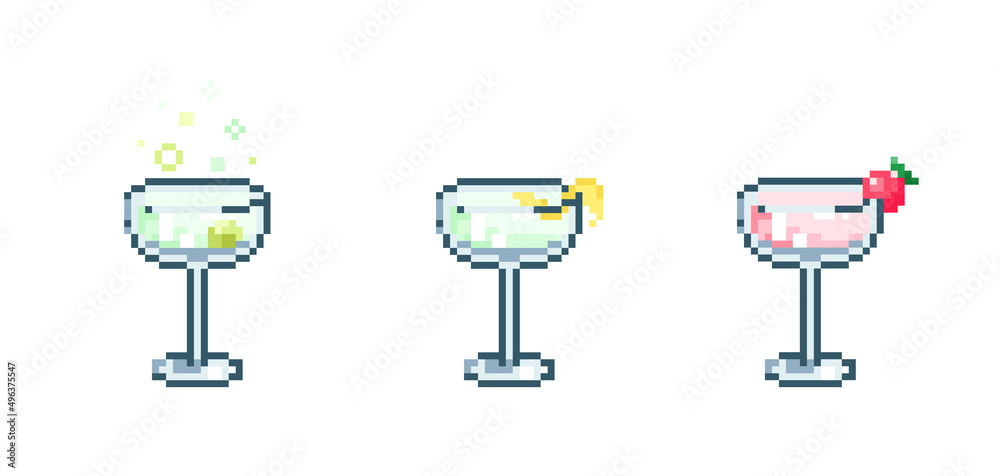 Set of Pixel art martini cocktail. Retro 90s gaming 8 bit icon of pixel ...