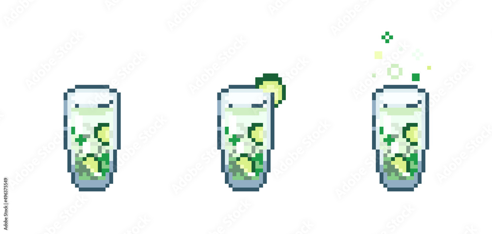 Set of Pixel art mojito cocktail. Retro 90s gaming 8 bit icon of pixel ...