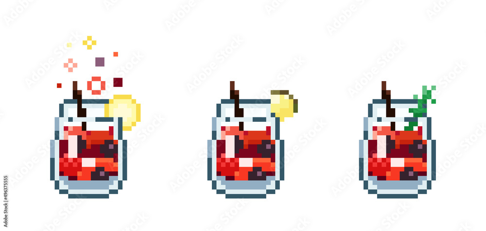 Set of Pixel art sangria cocktail. Retro 90s gaming 8 bit icon of pixel ...