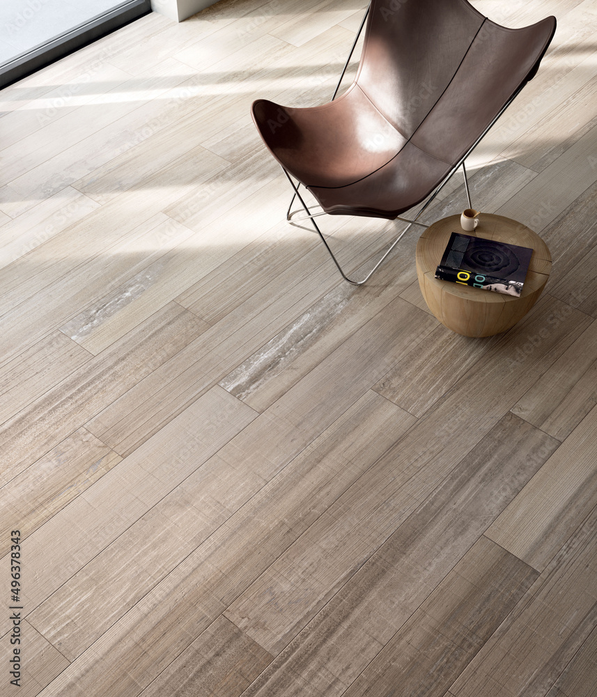 Modern interior design, room with wood texture tiles, top view ...