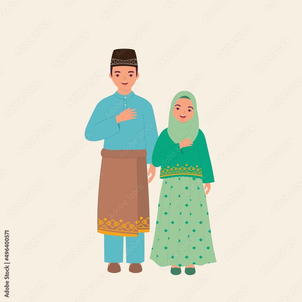 Happy Muslim Children Dressed In Beautiful Traditional Clothes Greeting ...