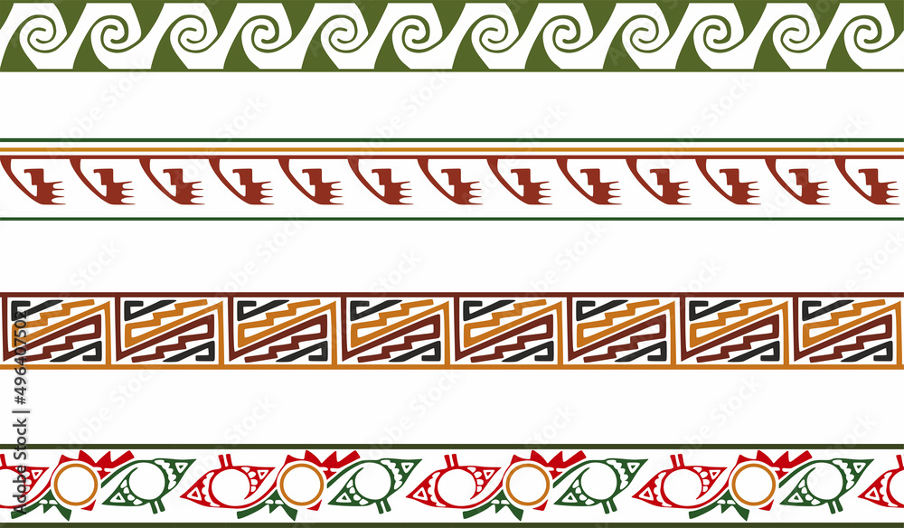 Vector colored set of seamless ornaments of Native Americans, Aztecs ...