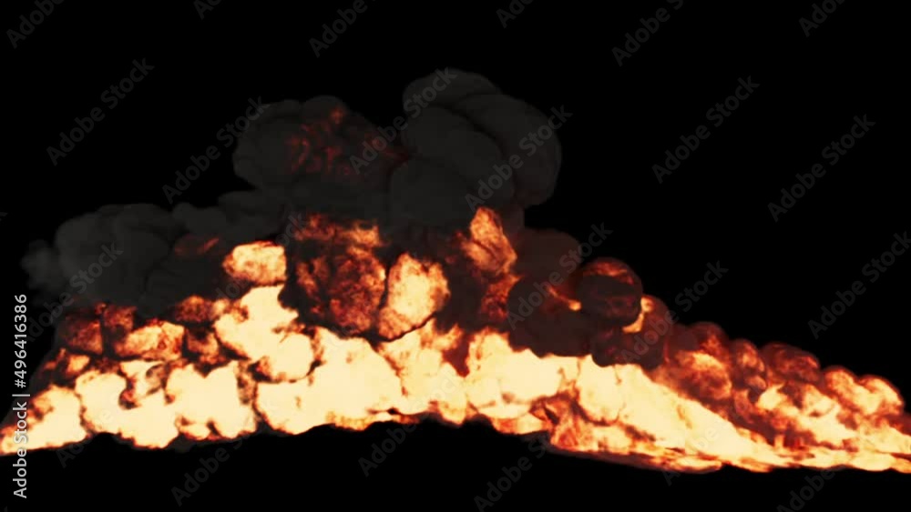 A fiery jet flies from left to right on a black background, falls and ...