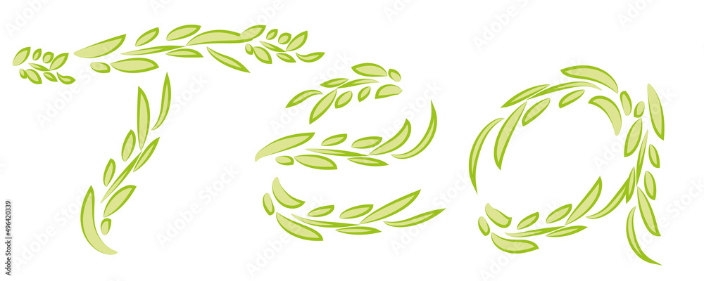 Lettering tea from green leaves on a white background, decorative ...