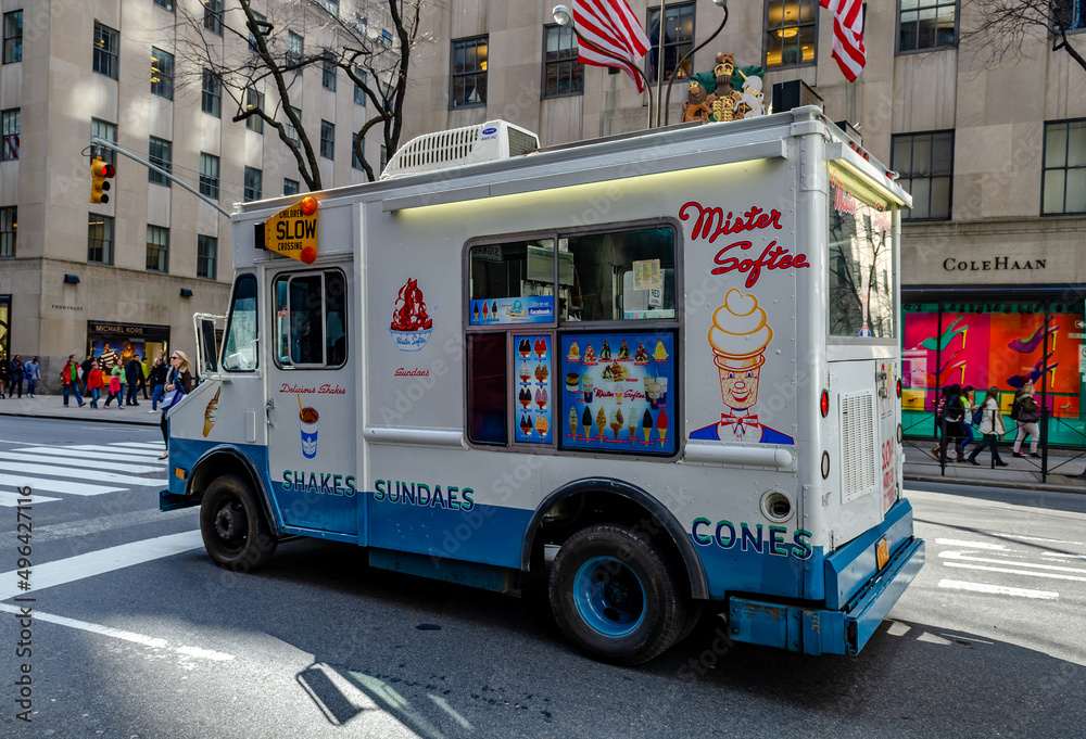 Mister Softee Ice Cream Truck waiting at red traffic light in front of ...