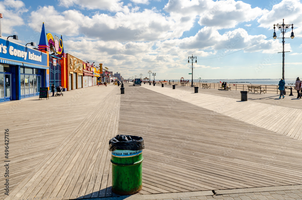 Beach Promenade at Coney island, Brooklyn boardwalk with lots of Stores ...