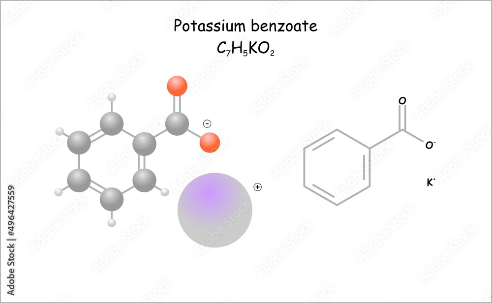 Stylized molecule model/structural formula of potassium benzoate. Use as food preservative ...