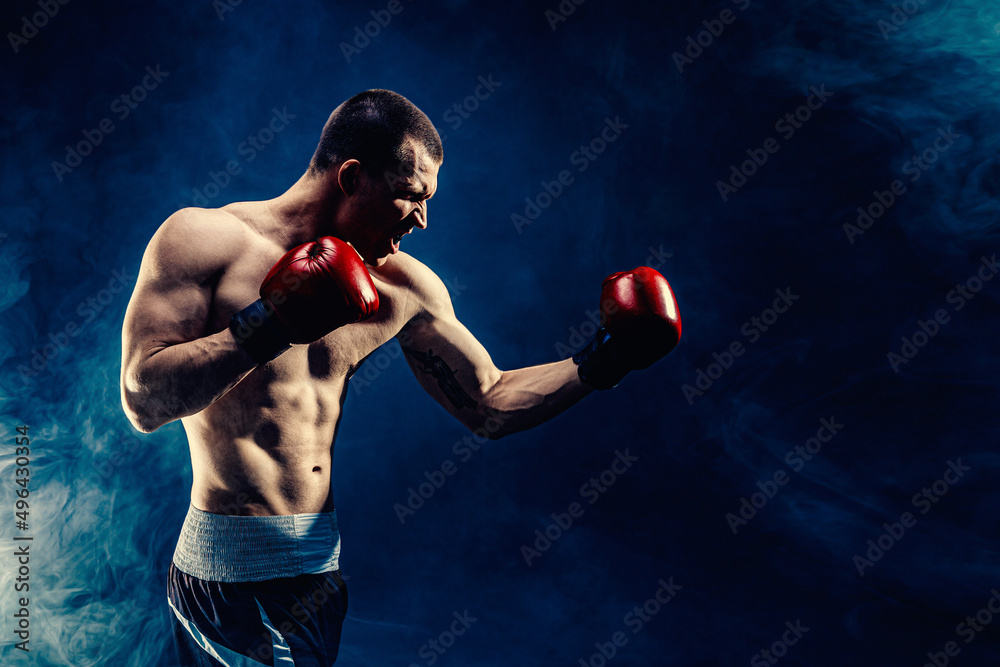 Side view of sportsman muscular boxer who fighting on black smoke ...