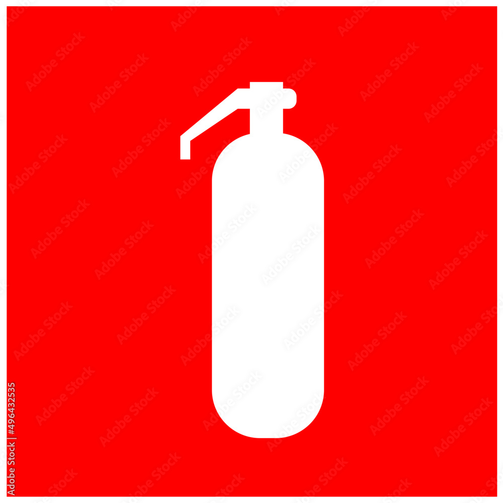 White fire extinguisher on red square background. The sign, logo ...