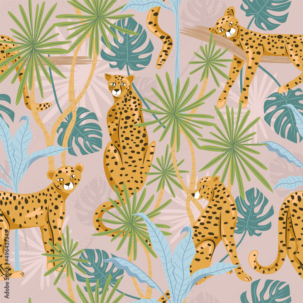 Cheetah seamless pattern. Tropical plants background. Stock Vector ...