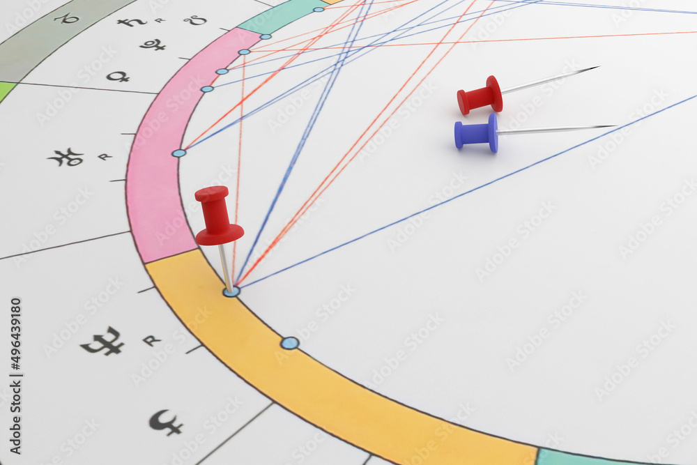 The astrological chart on the astrologer's desk is close-up. Colored ...