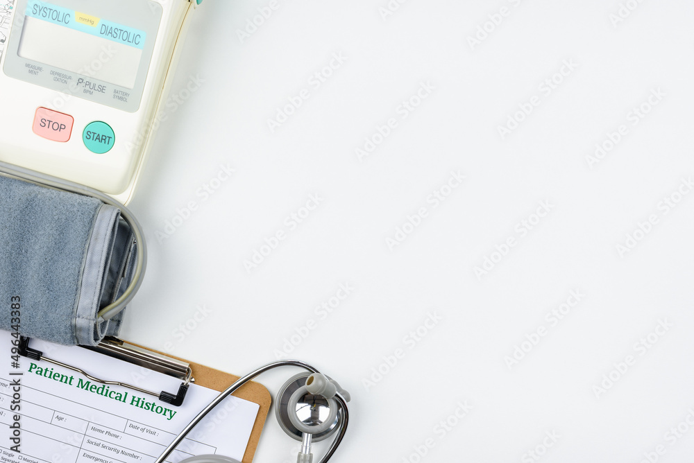 Top or above view, flat lay of physician, professional doctor working ...