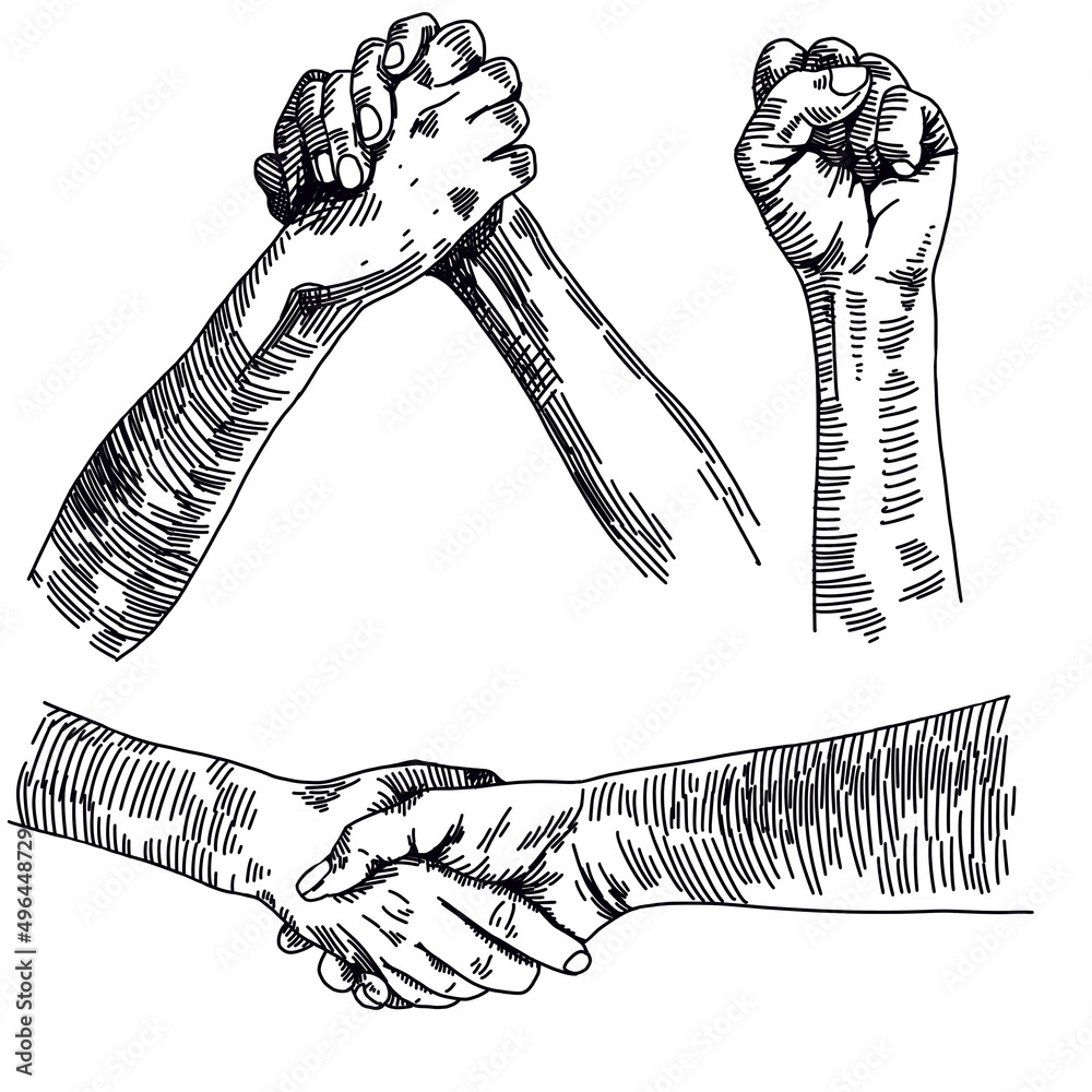 Hand drawing hands and gestures. Clenched fist raised up, symbol of ...