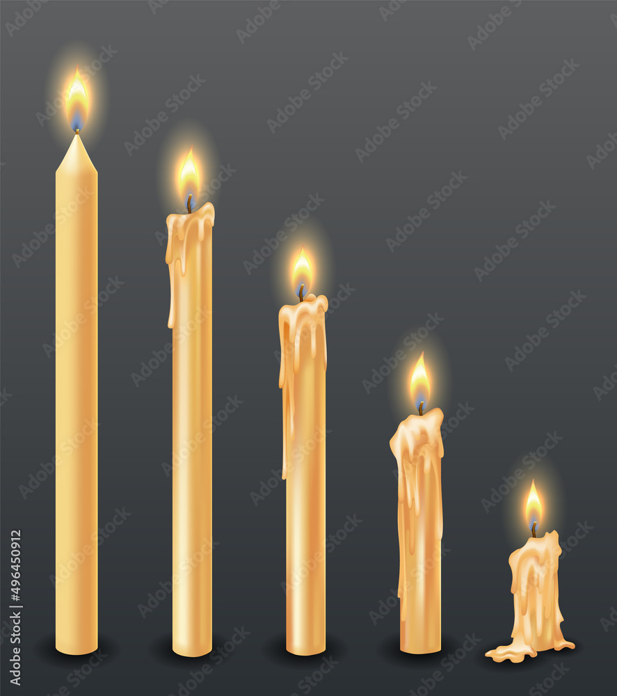 Burning candles with dripping or flowing wax. Yellow candles with ...