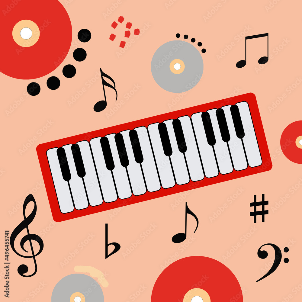 Pretty musical illustration with piano, notes, treble clef, music ...