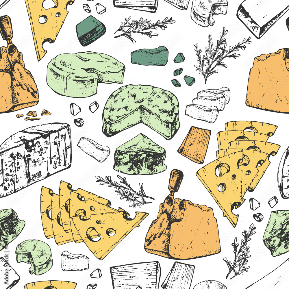 503_CHEESE, different varieties seamless pattern, graphic drawing ...