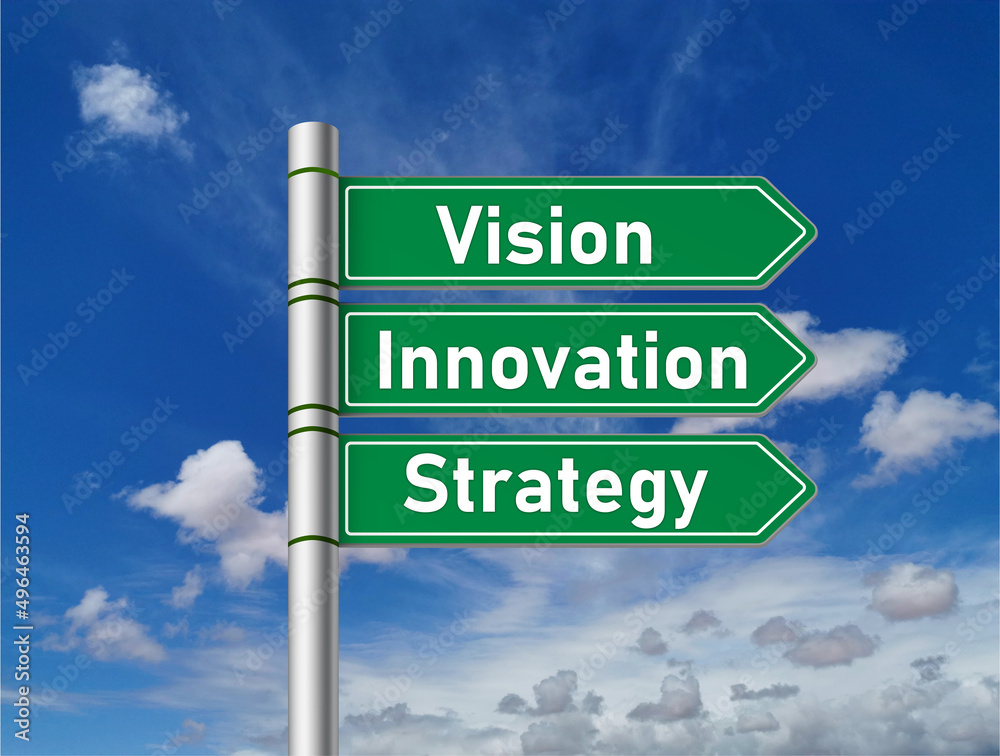 Vision, innovation, strategy, green signs, road sign, opposite sign ...