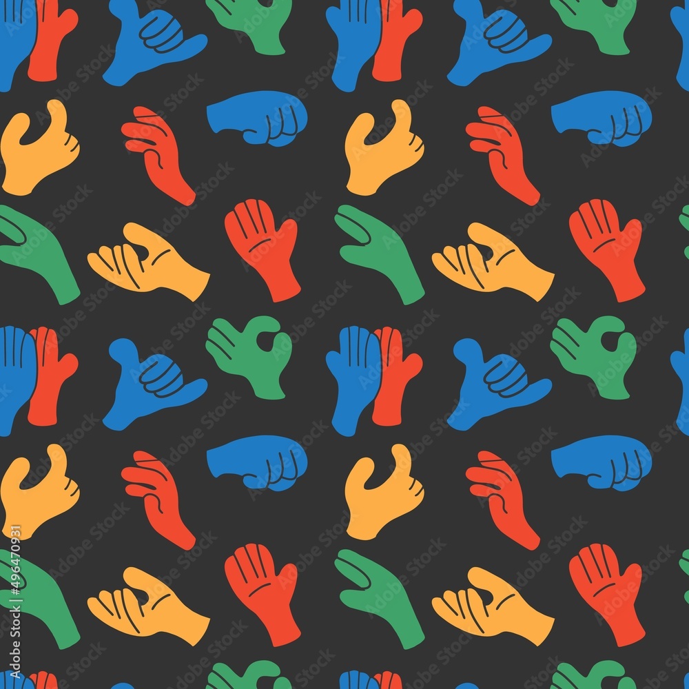 Seamless pattern of cartoon hands showing different gestures. Flat ...