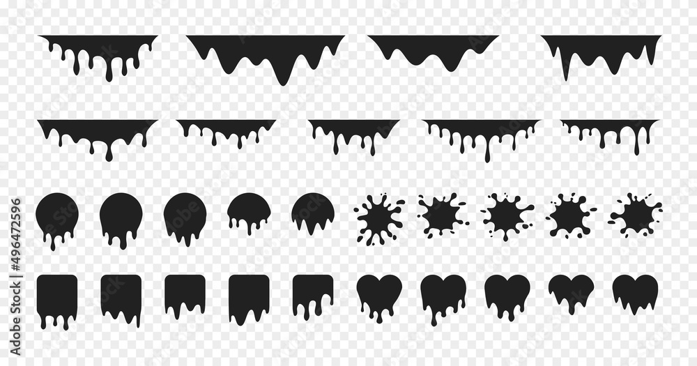 Paint dripping set. Dripping shapes. Black liquid drops. Melting ...