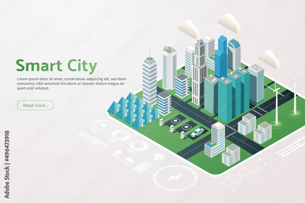 Smart city high-rise buildings, electric vehicle charging stations Wind ...