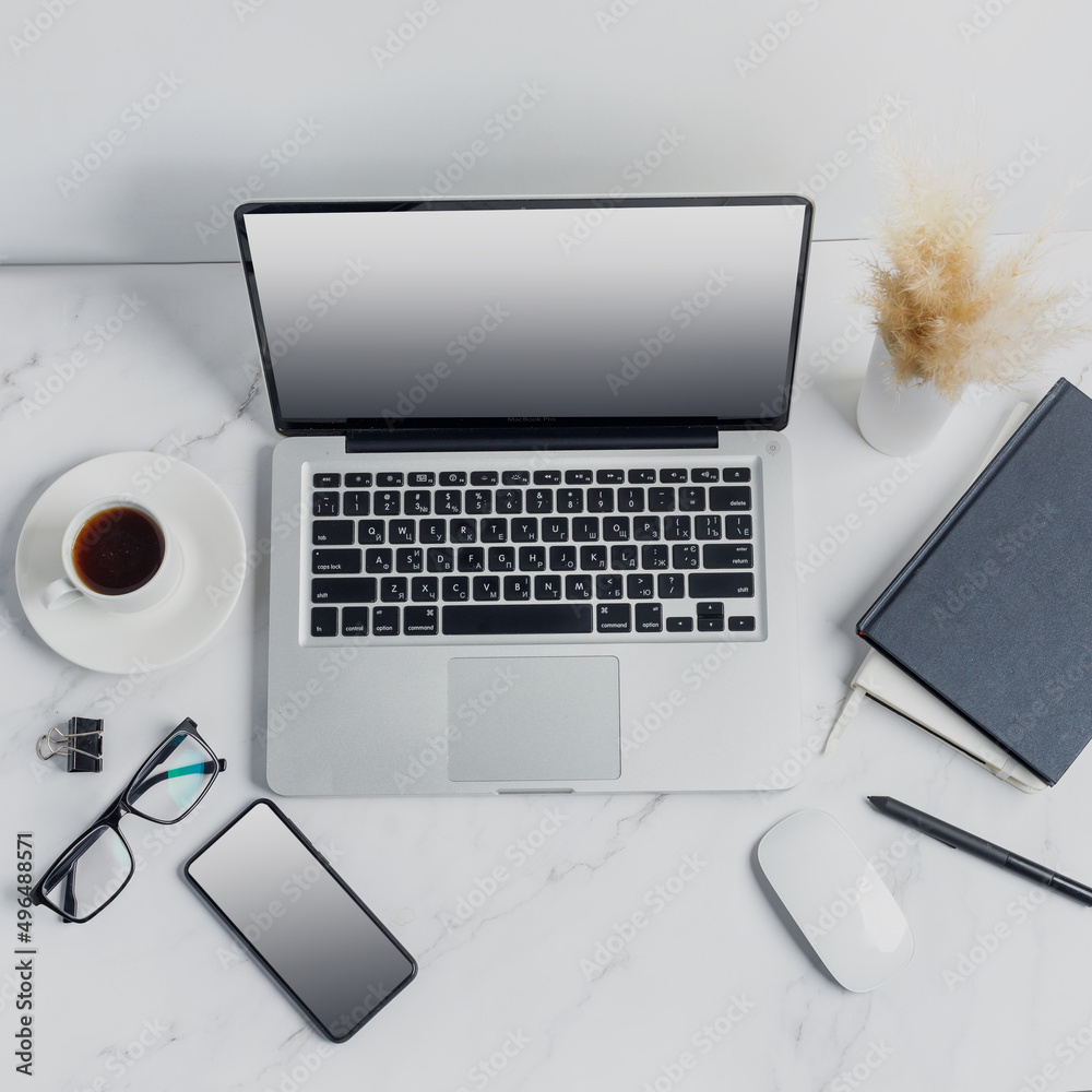 modern lap top template mock up on white and clean work desk with blank ...