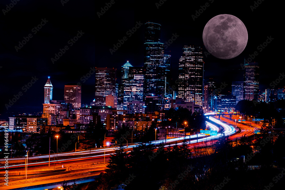 Seattle skyline from the Jose Rizal Bridge, in Seattle, Washington, USA ...