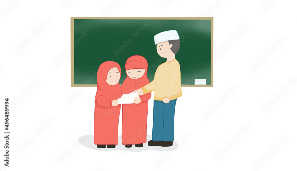 Cartoon Islamic Elementary school student and teacher Stock ...