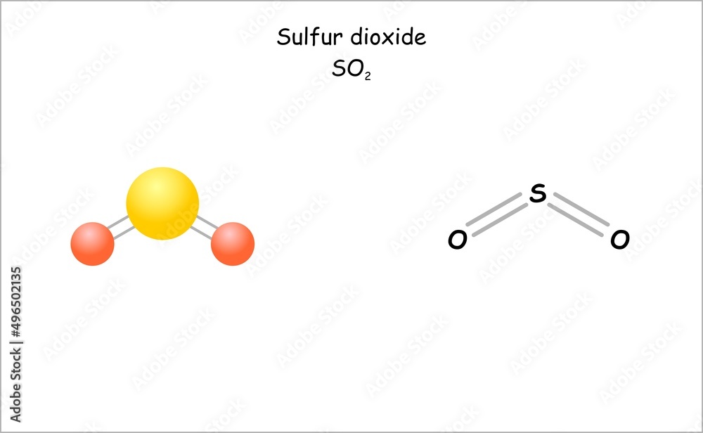 Stylized molecule model/structural formula of sulfur dioxide. Several ...