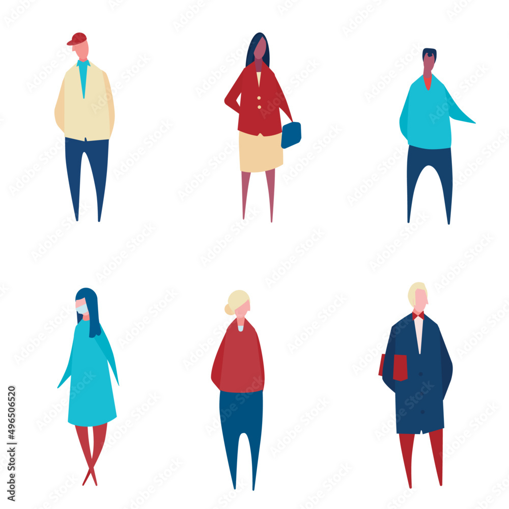 Various simple walking and standing people drawn in architectural style ...