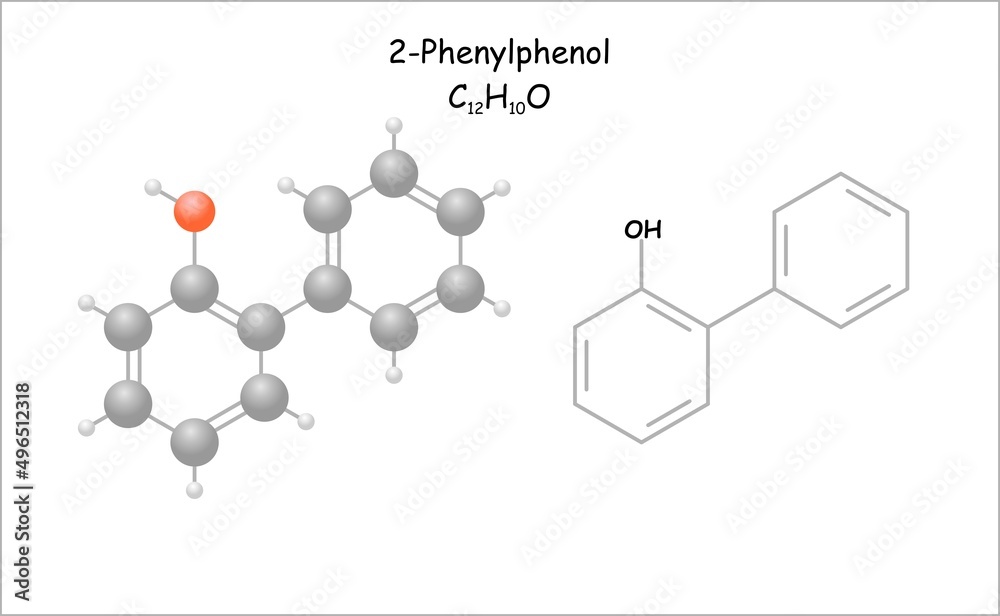 Stylized molecule model/structural formula of 2-Phenylphenol. Use as ...