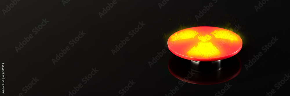 Big red button with the symbol of nuclear weapons on a black background ...