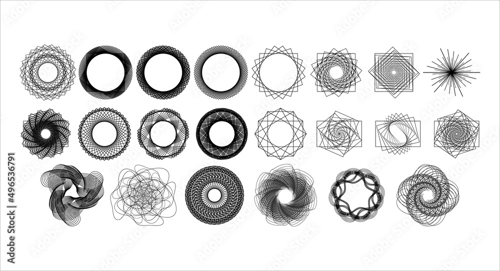 Geometric circular ornament set. Big spirograph set. Sacred geometric symbols. Round, circular ...