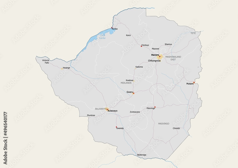 Isolated map of Zimbabwe with capital, national borders, important ...