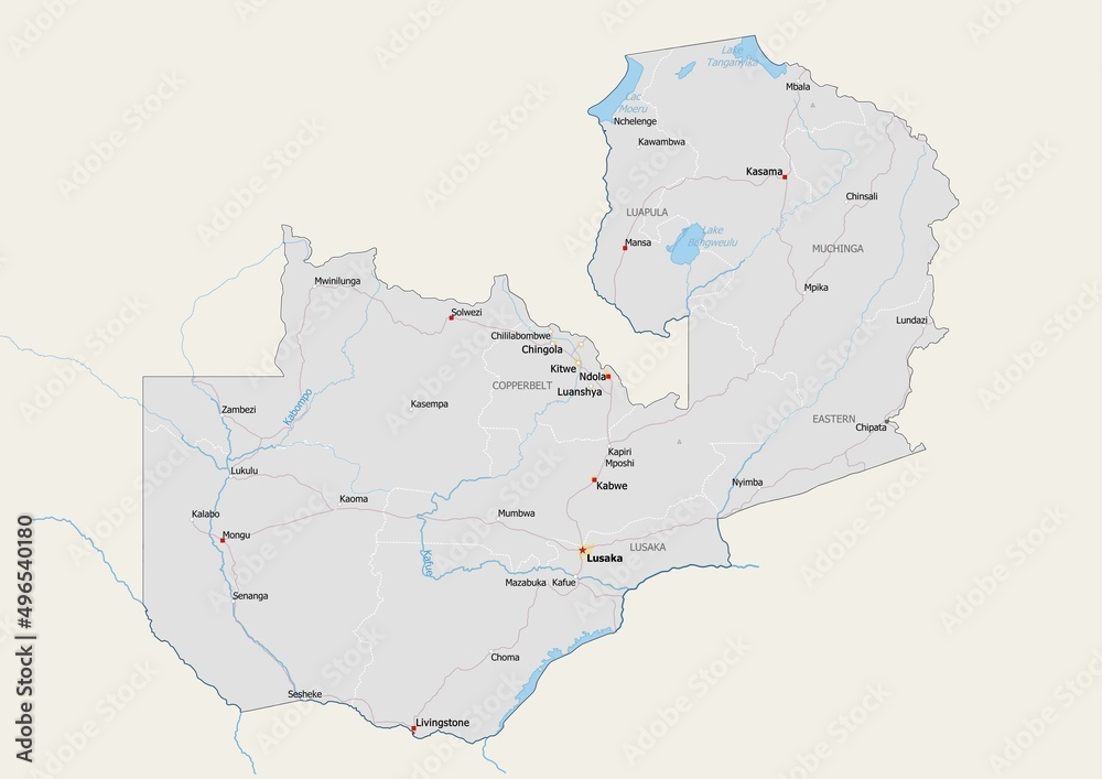 Isolated map of Zambia with capital, national borders, important cities ...