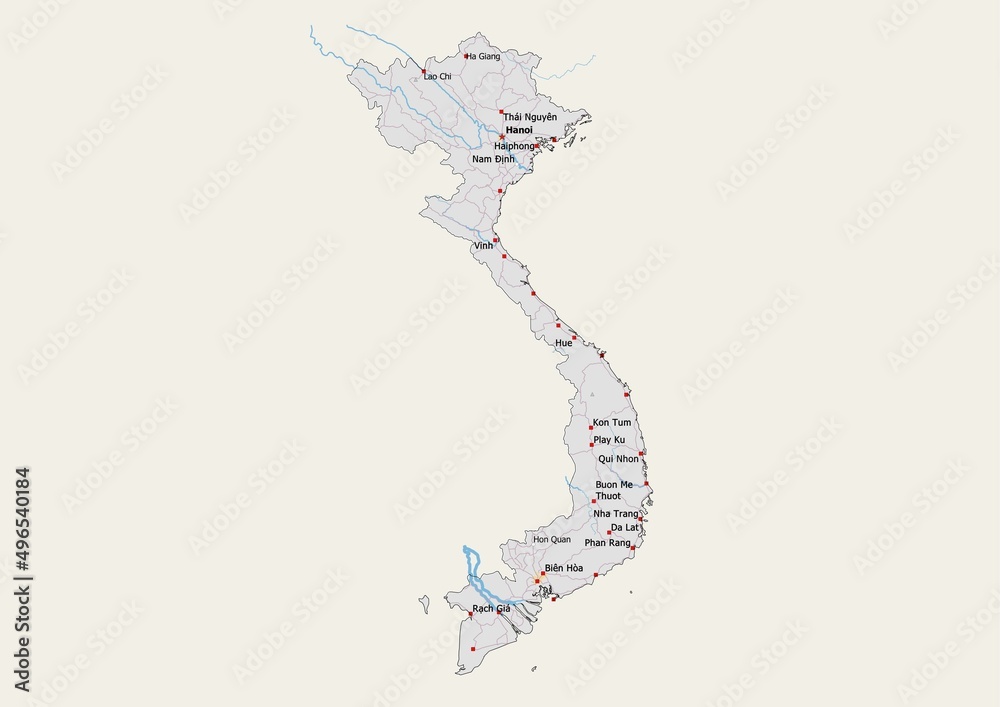 Isolated map of Vietnam with capital, national borders, important ...